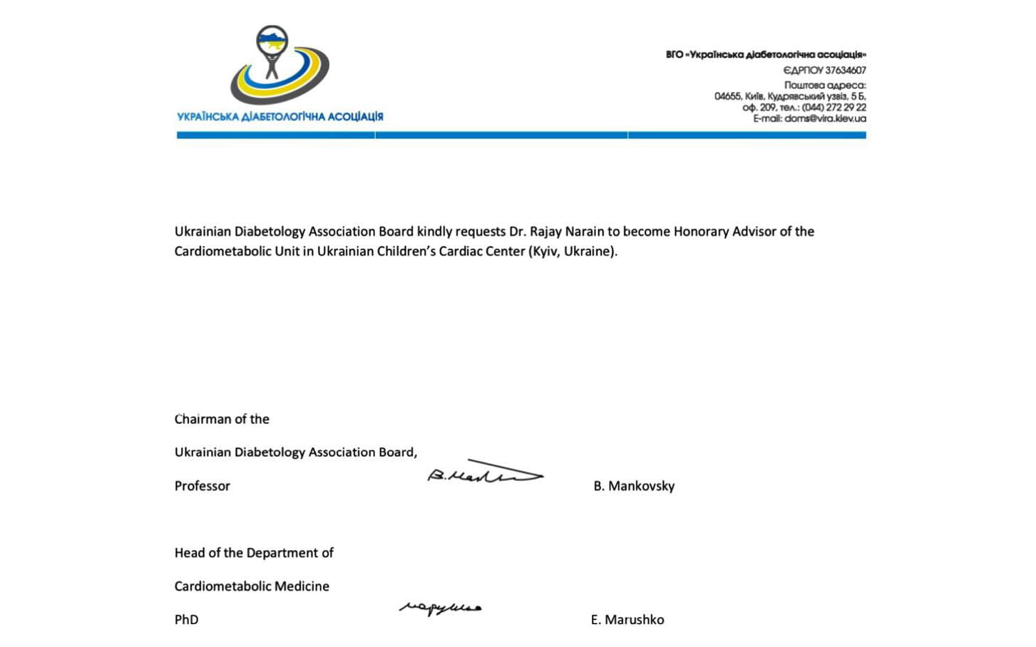 Dr. Narain appointed as ‘Honorary Advisor’ by the Govt of Ukraine ...